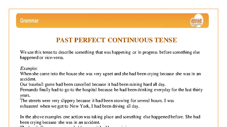 Grammar Level 3: Past Perfect Continuous Tense Explained - Studocu