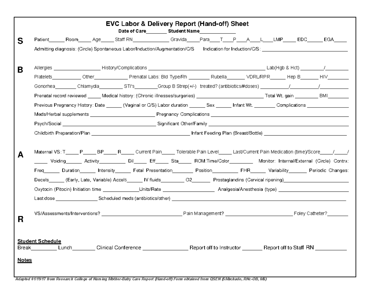 EVC Labor & Delivery Hand-off Report & Assessment Tool Update - Studocu
