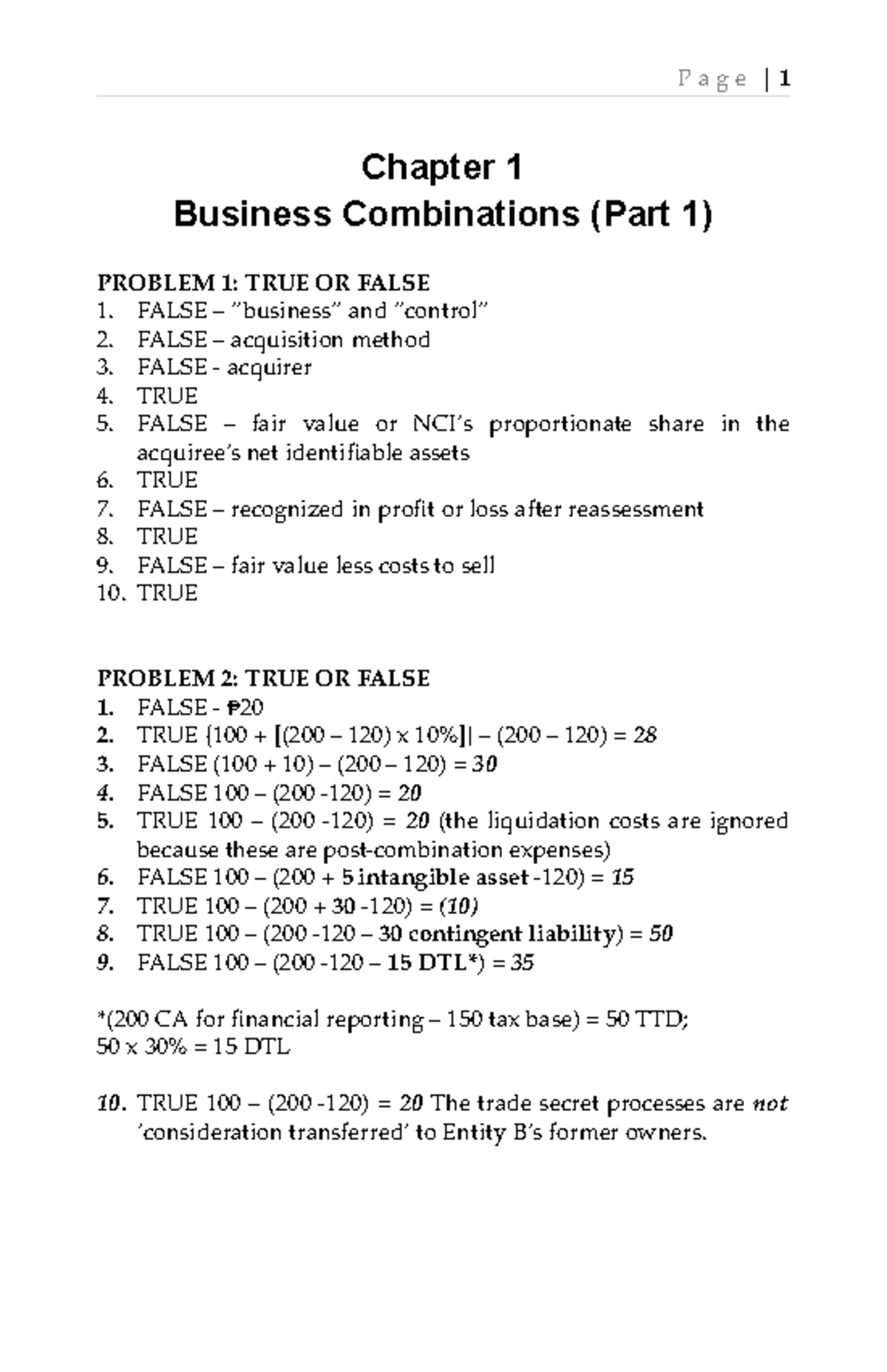SOL.-MAN. Chapter 1: Business Combinations - True/False Problems - Studocu