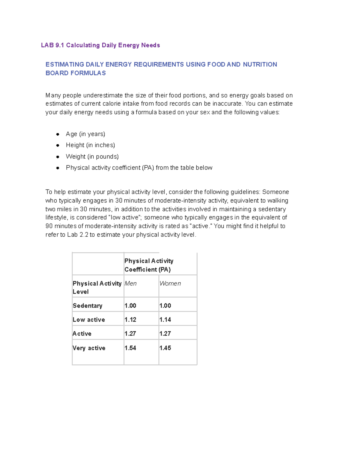 Chapter 9 lab - LAB 9 Calculating Daily Energy Needs ESTIMATING DAILY ENERGY REQUIREMENTS USING ...