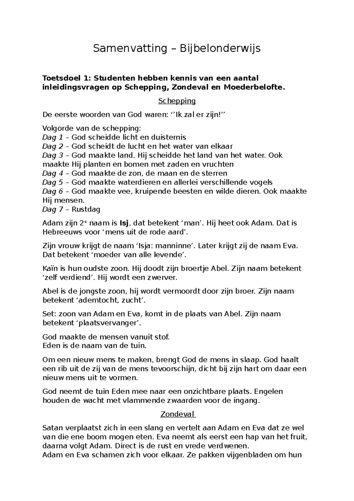 Samenvatting – Bijbelonderwijs: Schepping, Zondeval en Moederbelofte ...