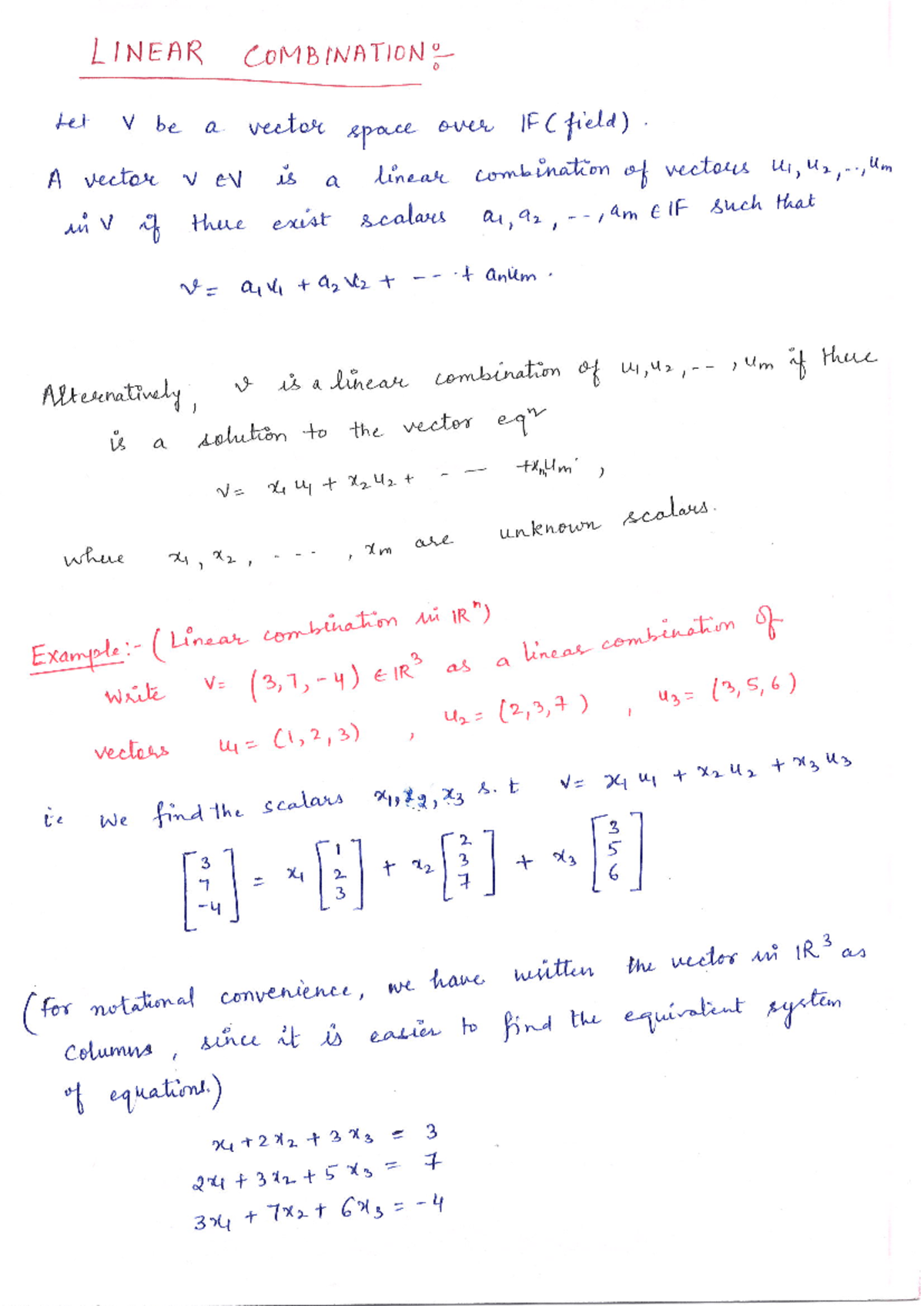Notes - Linear Combination - Linear Span - Spanning sets - Linear ...