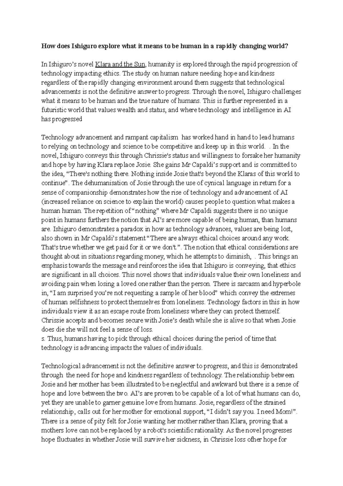 Klara and the Sun - Essay on Humanity and Technology's Impact - Studocu