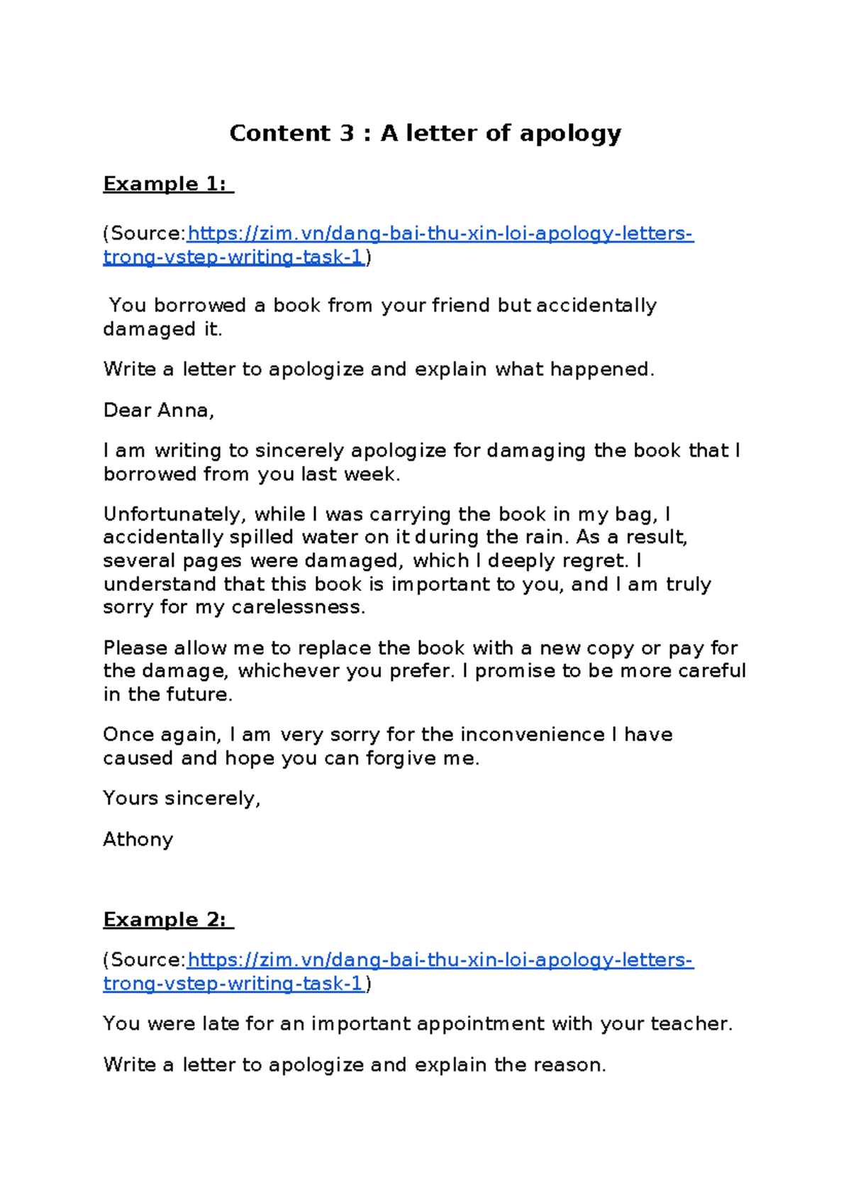 Content 3: Examples of Apology Letters and Narrative Essays - Studocu