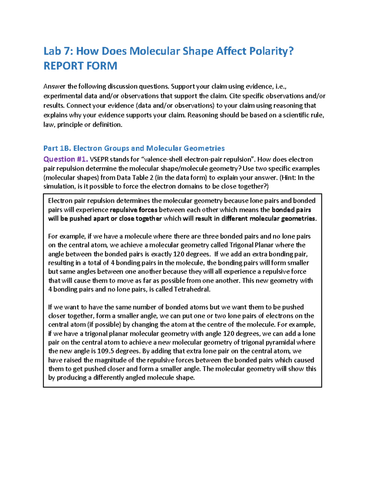 Lab 7 Report: Molecular Shape and Polarity Analysis - Spring 2023 - Studocu