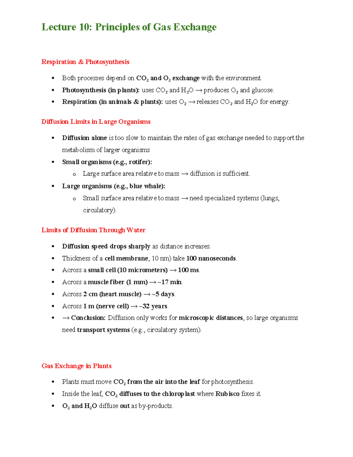 Lecture 10: Gas Exchange Principles in Respiration & Photosynthesis ...