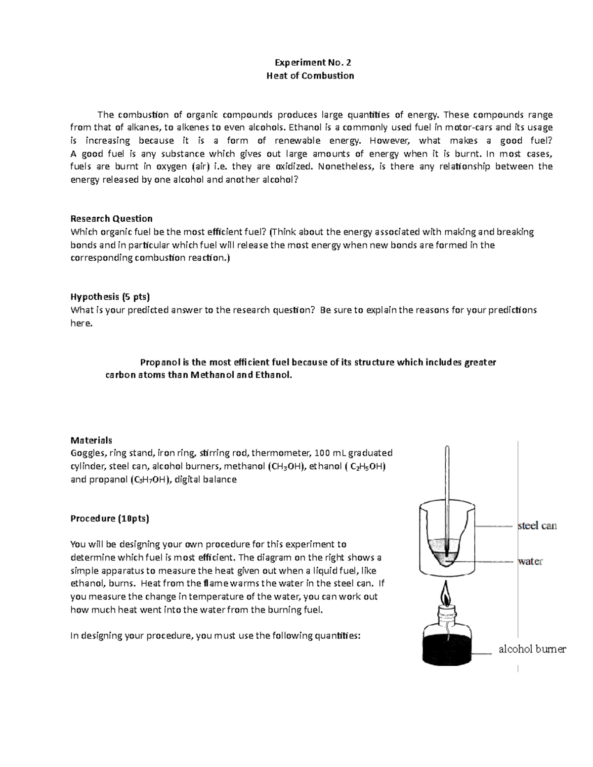 Experiment No.21 - Heat of Combustion - alcohol burner Experiment No. 2 ...