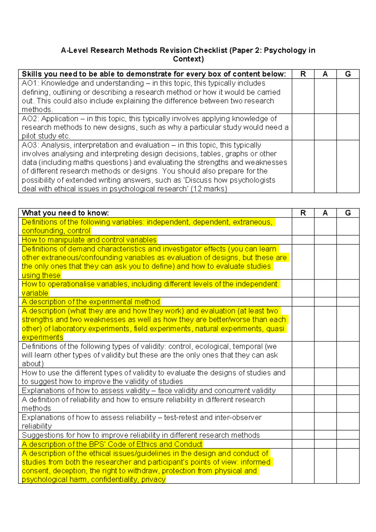 A-Level Research Methods Revision Checklist (Paper 2: Psychology) - Studocu