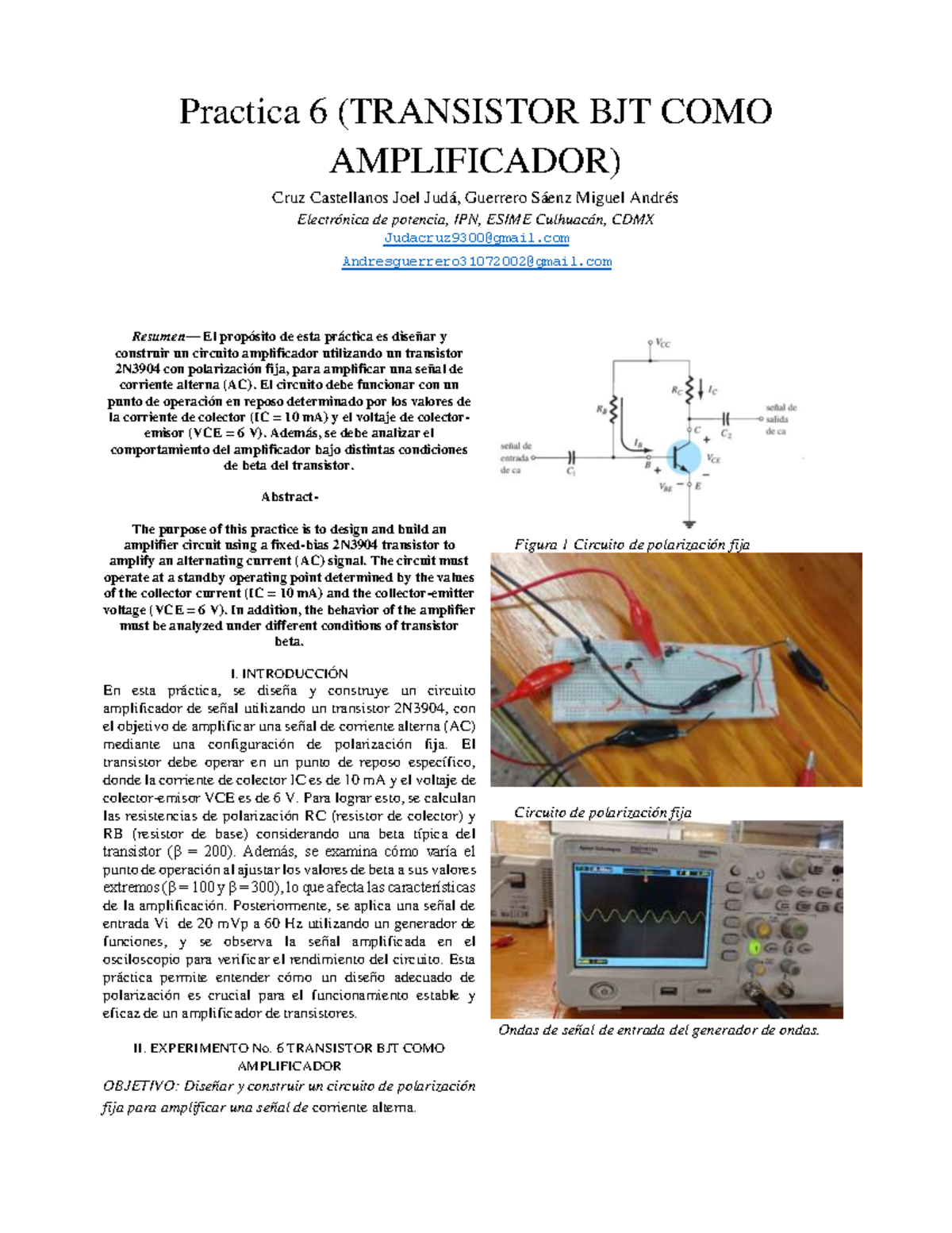 Práctica 6 - Transistor BJT como Amplificador en Electrónica - Studocu