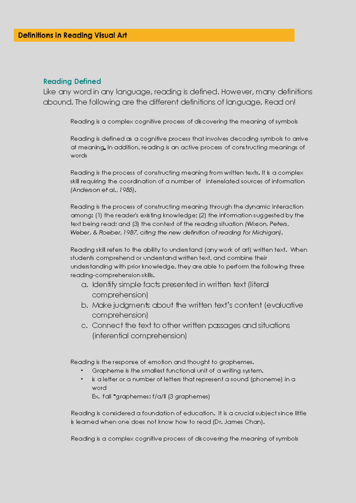 Definitions of Reading Visual Arts - Reading Defined Like any word in ...