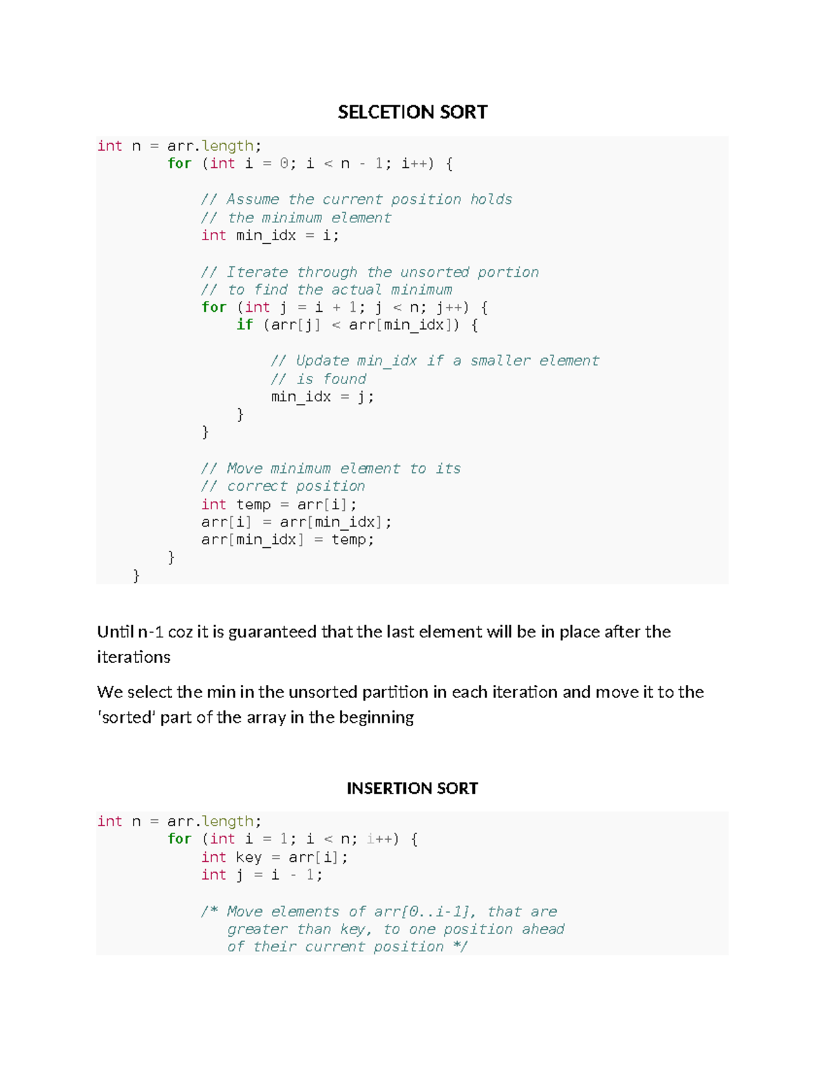 ADSS101 - Summary of Sorting Algorithms: Selection, Insertion, Heap ...