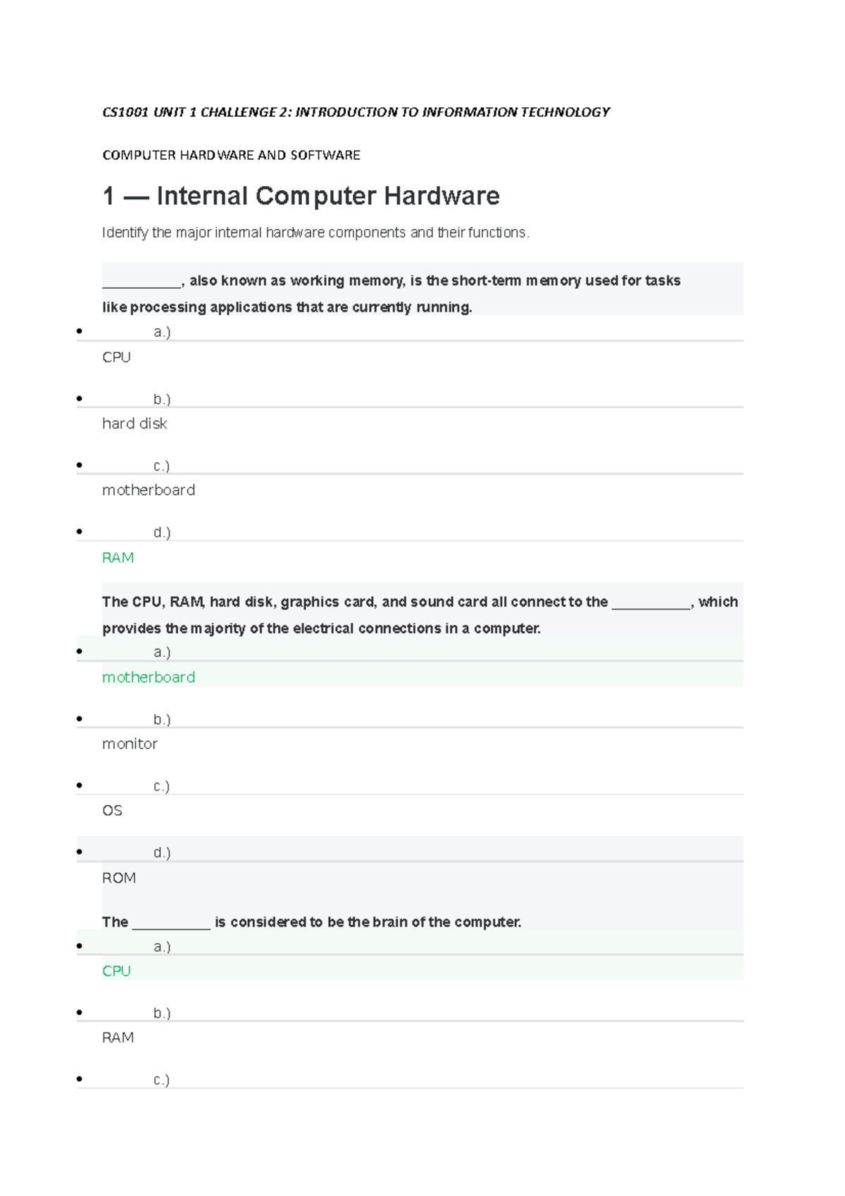 CS1001 UNIT 1 Challenge 2 - CS1001 UNIT 1 CHALLENGE 2: INTRODUCTION TO INFORMATION TECHNOLOGY ...