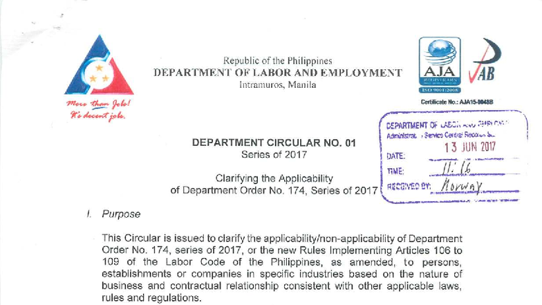 Department Circular No. 01-17: Clarifying D.O. No. 174, Series of 2017 ...