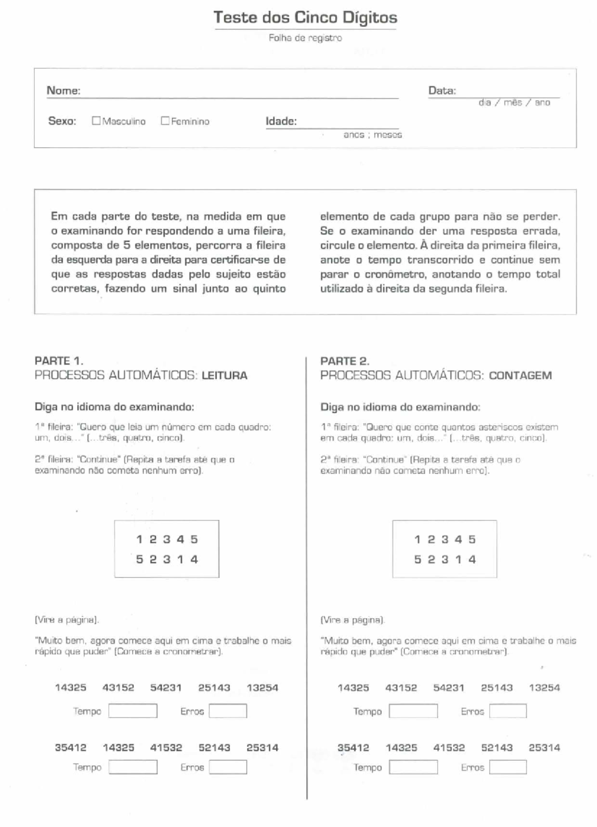 FDT - Teste dos Cinco Dígitos: Folha de Registro e Instruções - Studocu