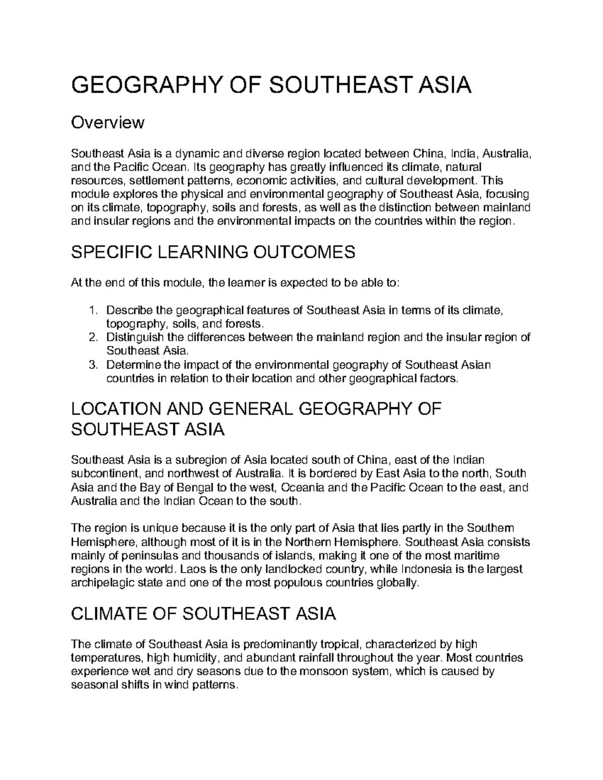 GEOG 101: Overview of Southeast Asia's Geography and Climate - Studocu