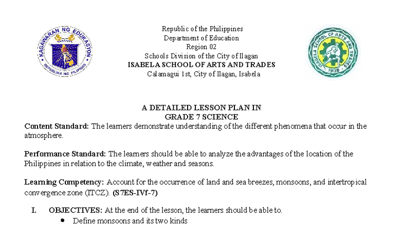 Detailed Lesson Plan: Grade 7 Science on Monsoons (S7ES-IVf-7) - Studocu
