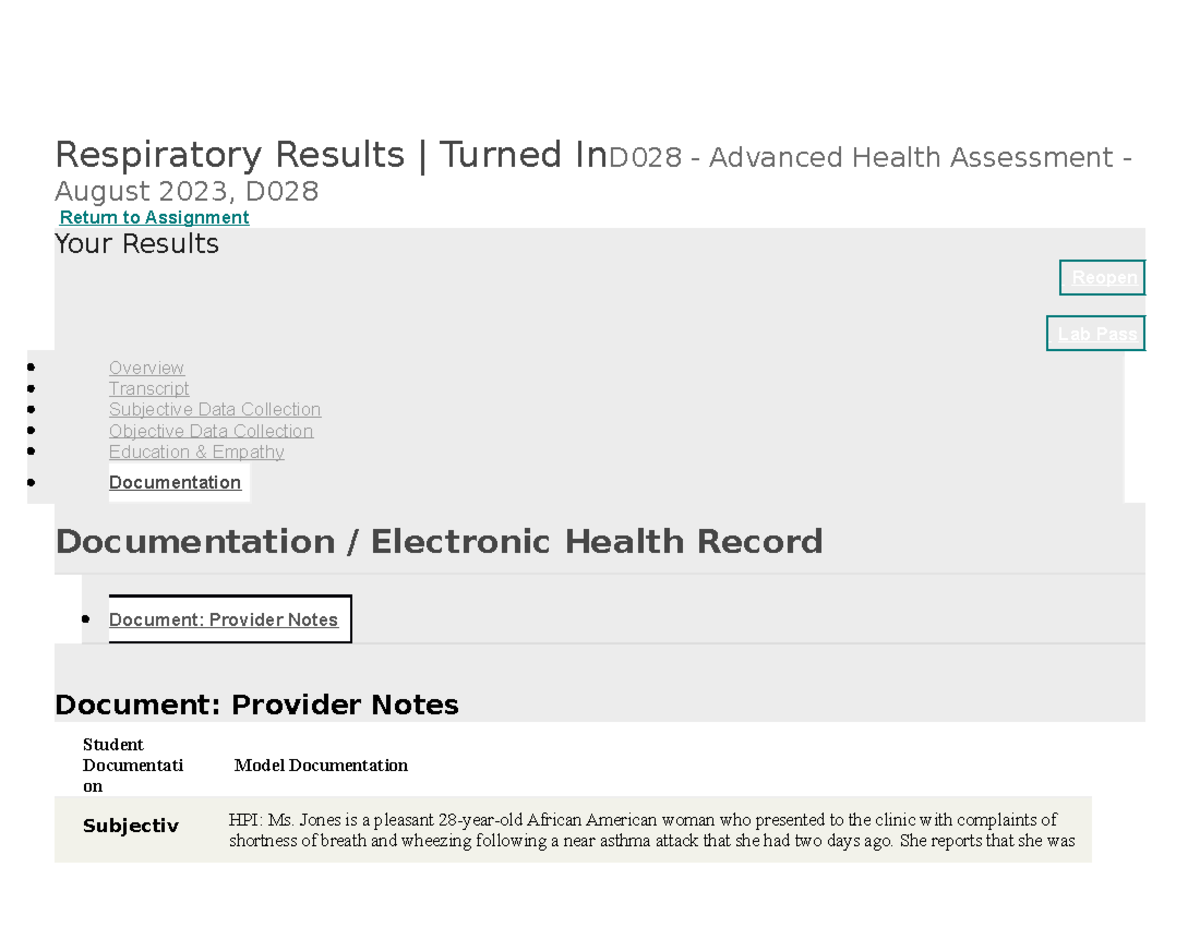 Respiratory Assessment Documentation for Tina Jones | EHR- D028 - Studocu