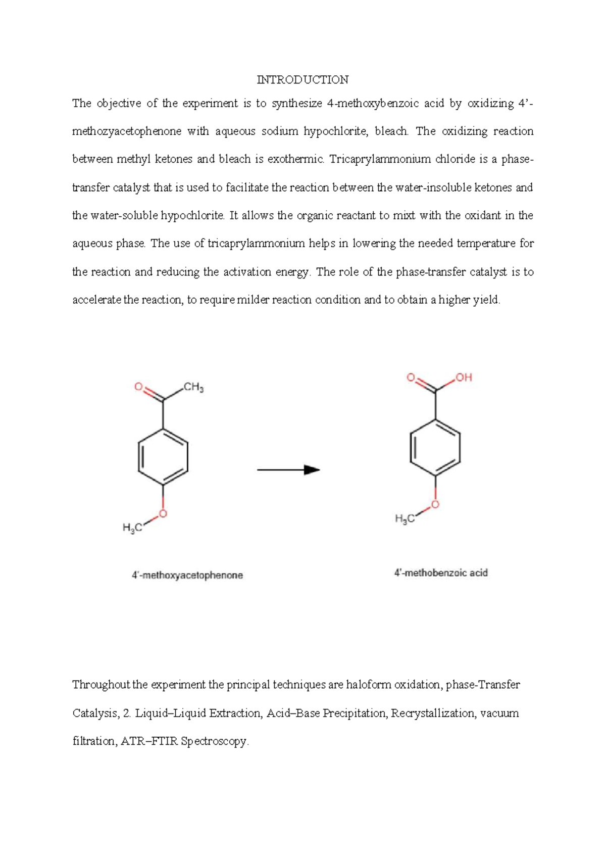 Lab 4 - Synthesis of Acid via Haloform Oxidation with NaOCl - Studocu
