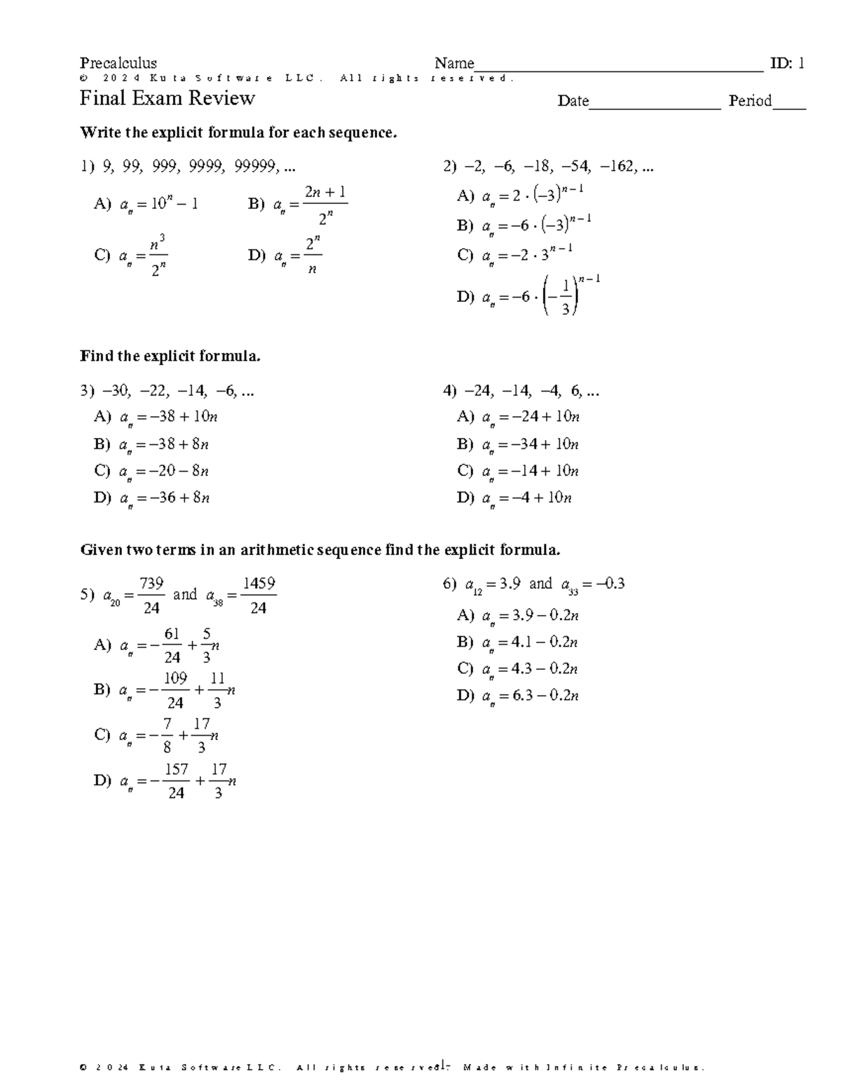 Precalculus Final Exam Review & Answers (ID: 1) - Studocu