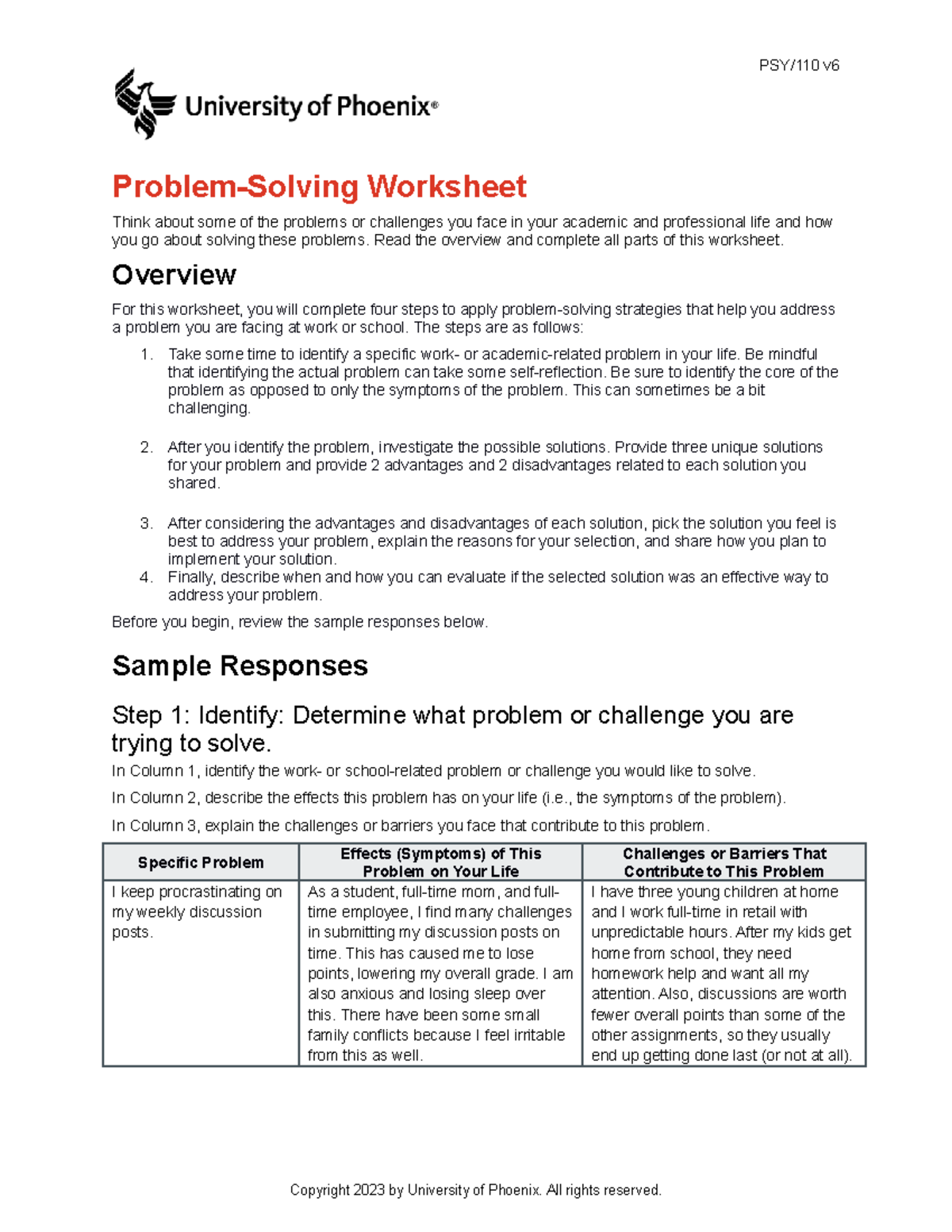PSY/110 v6 Week 4 Problem Solving Strategies Worksheet Complete - Studocu