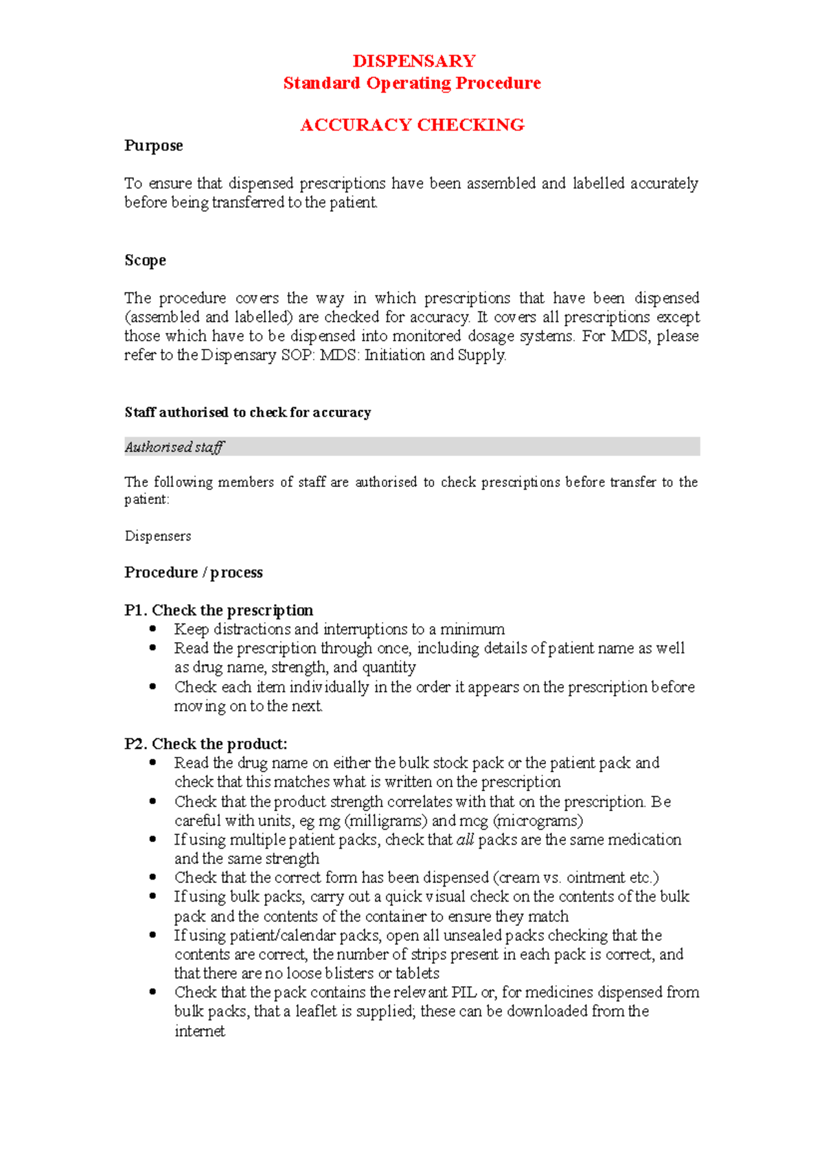 1D-Accuracy Checking SOP for Prescription Dispensing Process - Studocu
