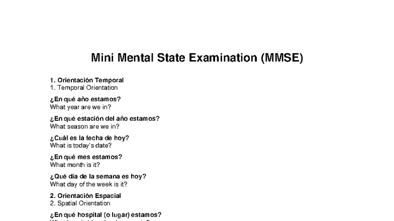 Mini Mental State Examination (MMSE) Bilingual Guide - Studocu