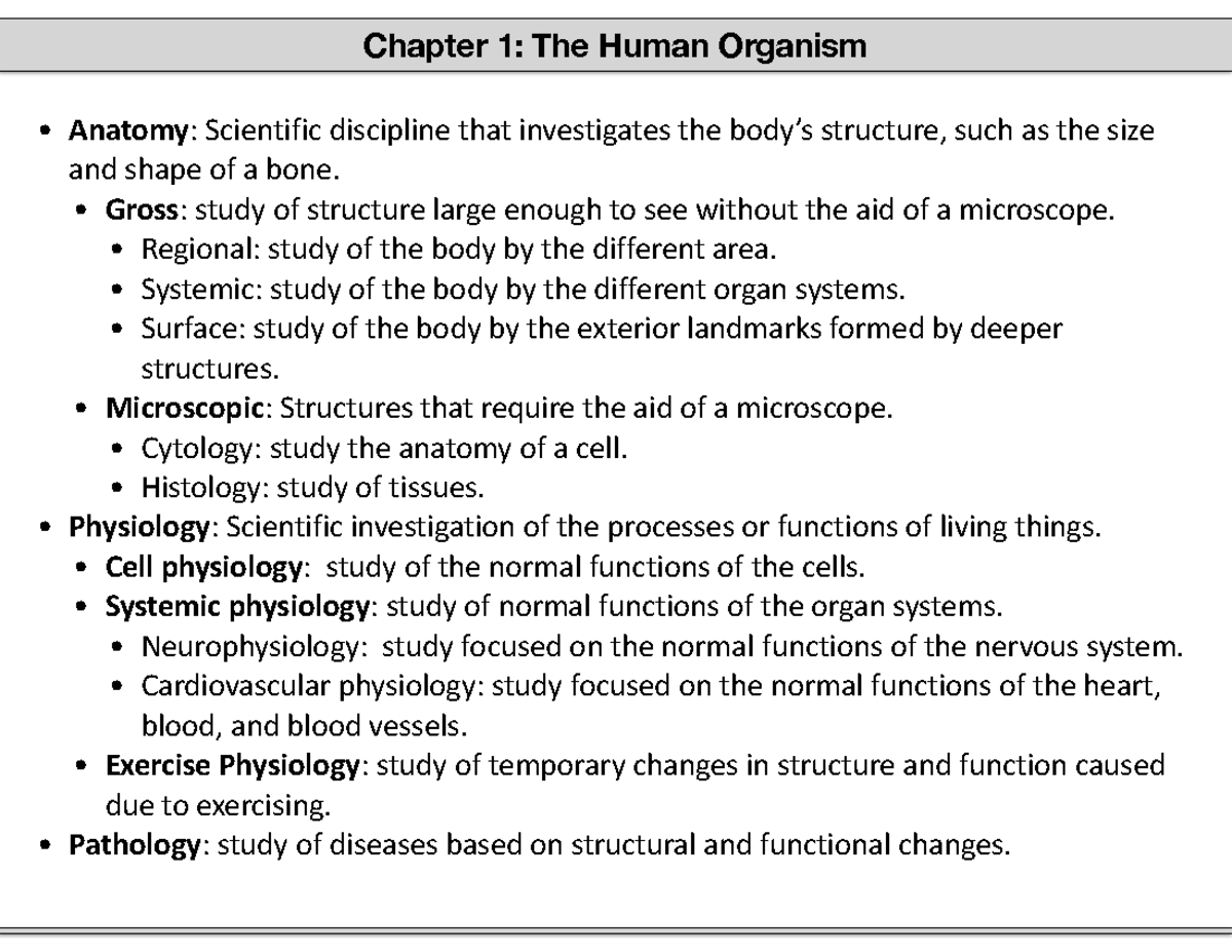 Anatomy and Physiology Overview: Chapter 1 - The Human Organism - Studocu