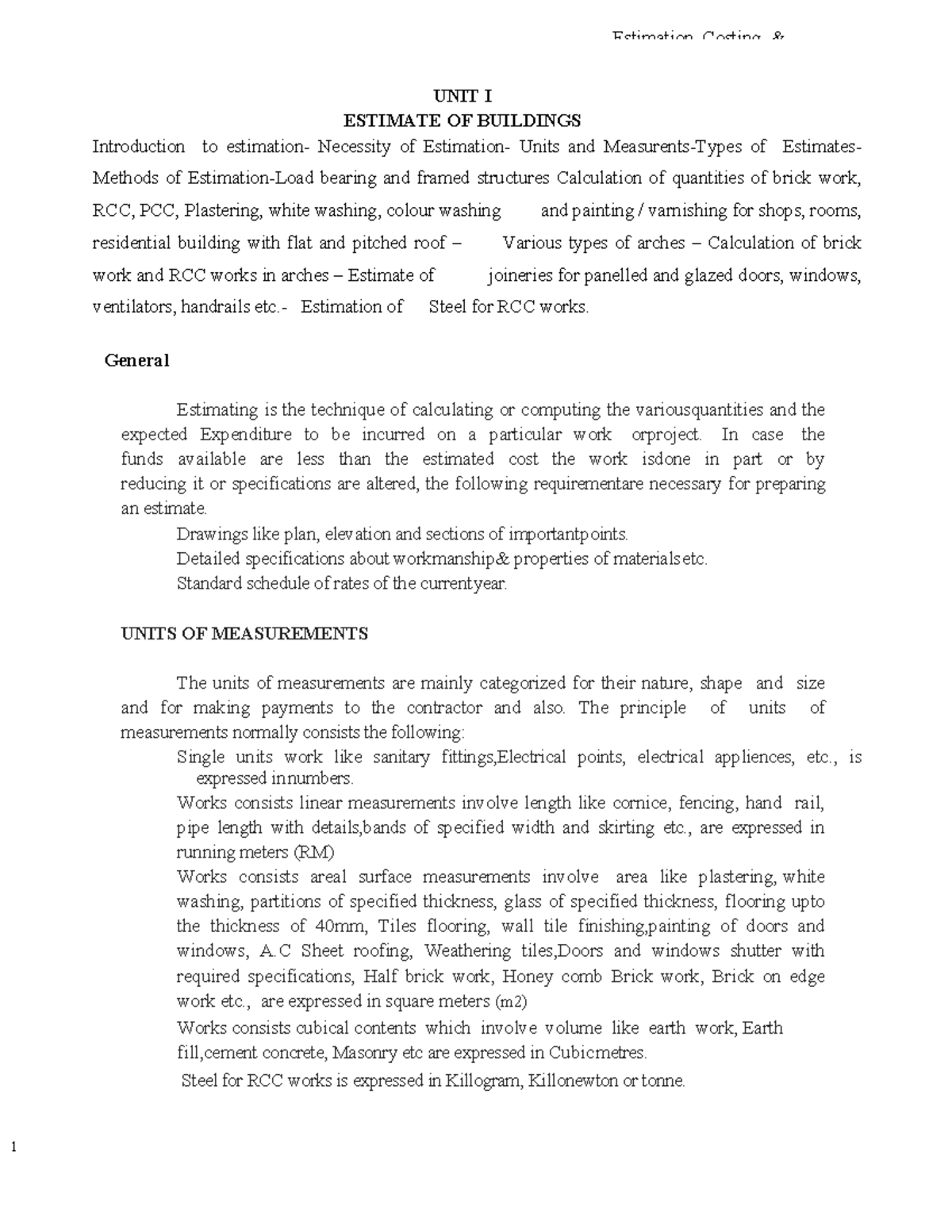 1648 - Estimation Costing: Unit I - Building Estimates and Methods ...