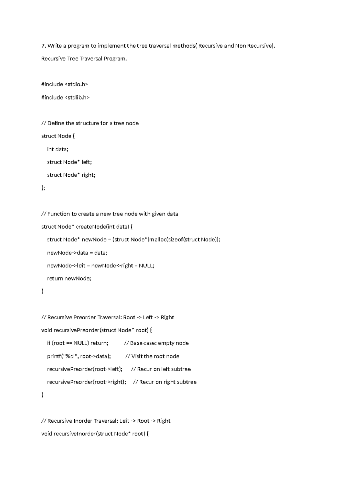 7 - Lab notes - Write a program to implement the tree traversal methods ...