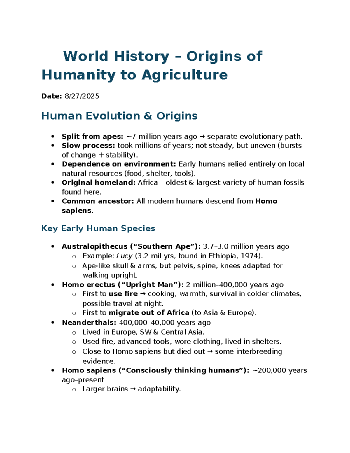 World History: Human Evolution, Agriculture, and Civilization (HIST 101 ...