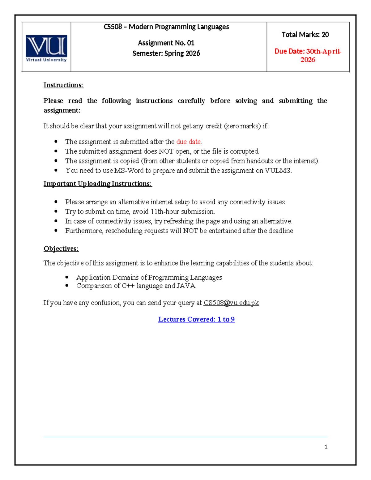 CS508 Spring 2026 Modern Programming Languages Assignment 01 - Studocu