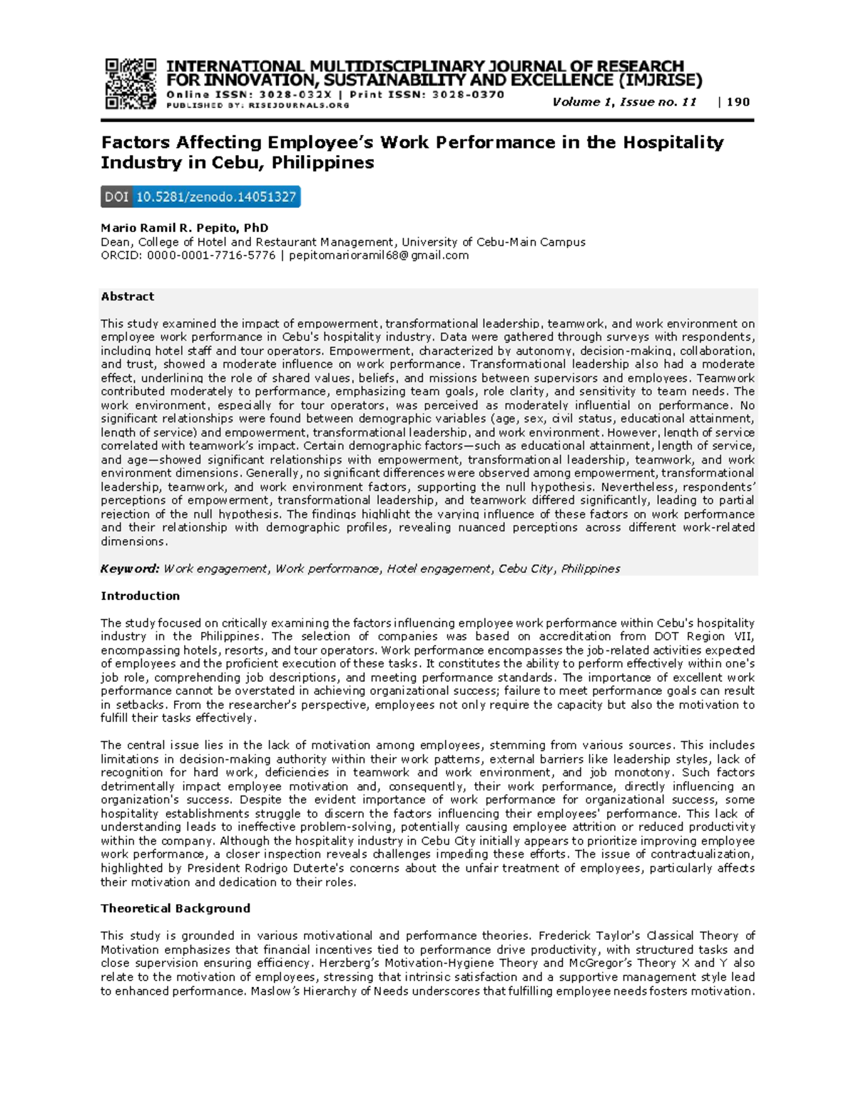 Factors Influencing Employee Work Performance in Hospitality (HRM 101 ...