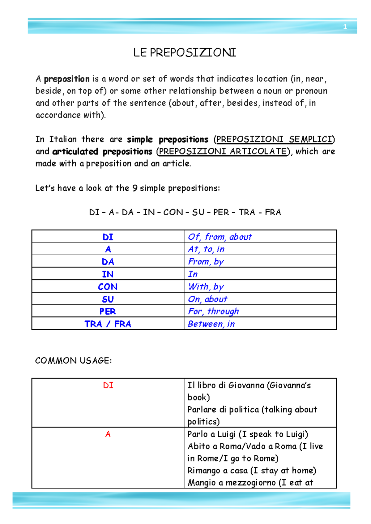 Cheat Sheet: Italian Prepositions (LE PREPOSIZIONI) - Studocu