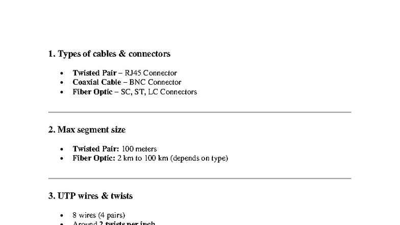 Cns.part 1 - helpfull - 1. Types of cables & connectors Twisted Pair ...
