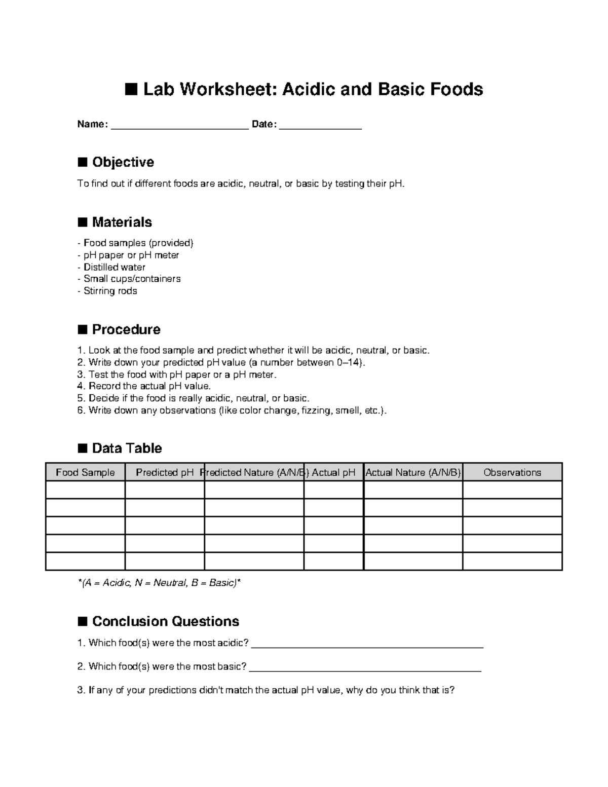 Acid-Base Foods Lab Worksheet: pH Testing of Various Samples - Studocu