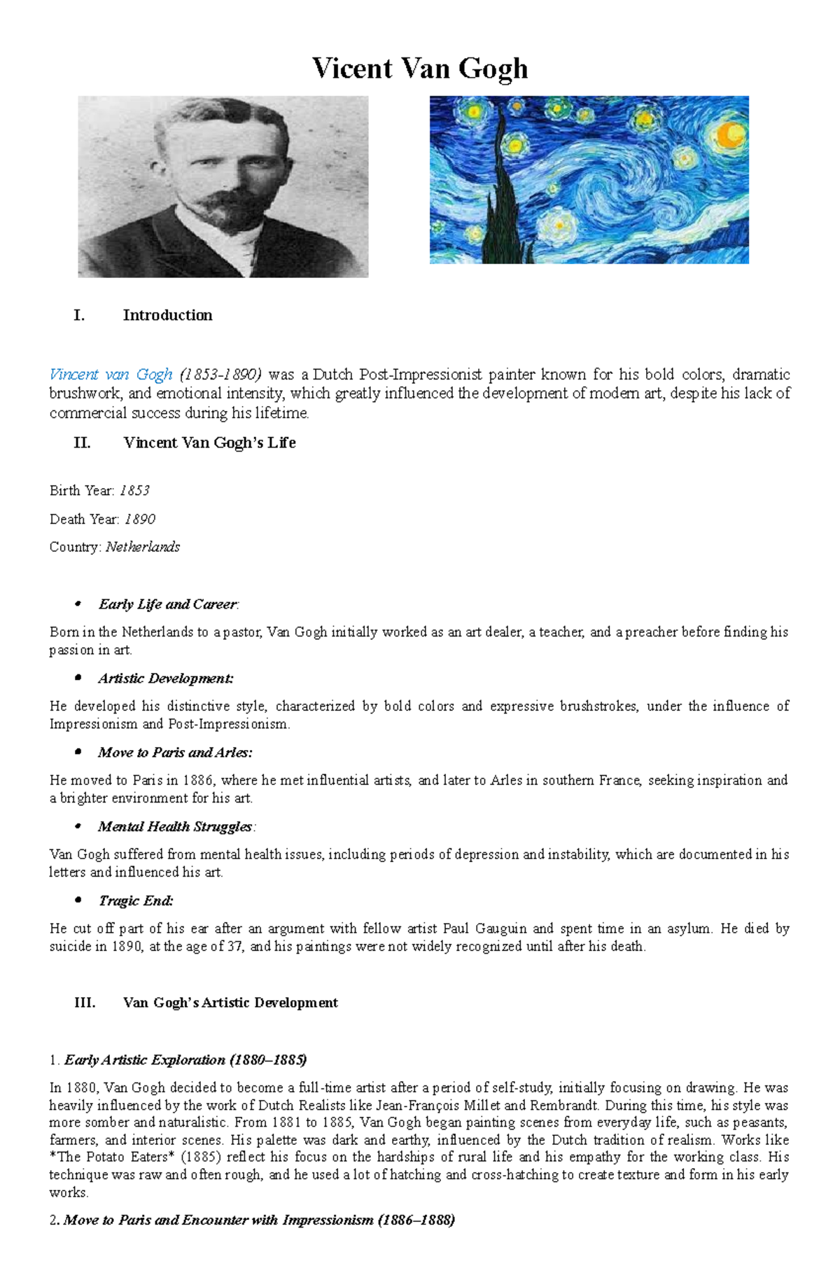 Arts-and-humanities Vincent Van Gogh - Vicent Van Gogh I. Introduction ...