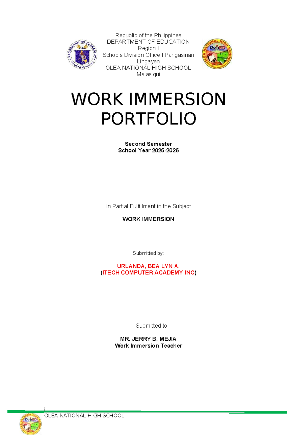 WORK IMMERSION PORTFOLIO (ITECH 2026) - OLEA NATIONAL HIGH SCHOOL - Studocu