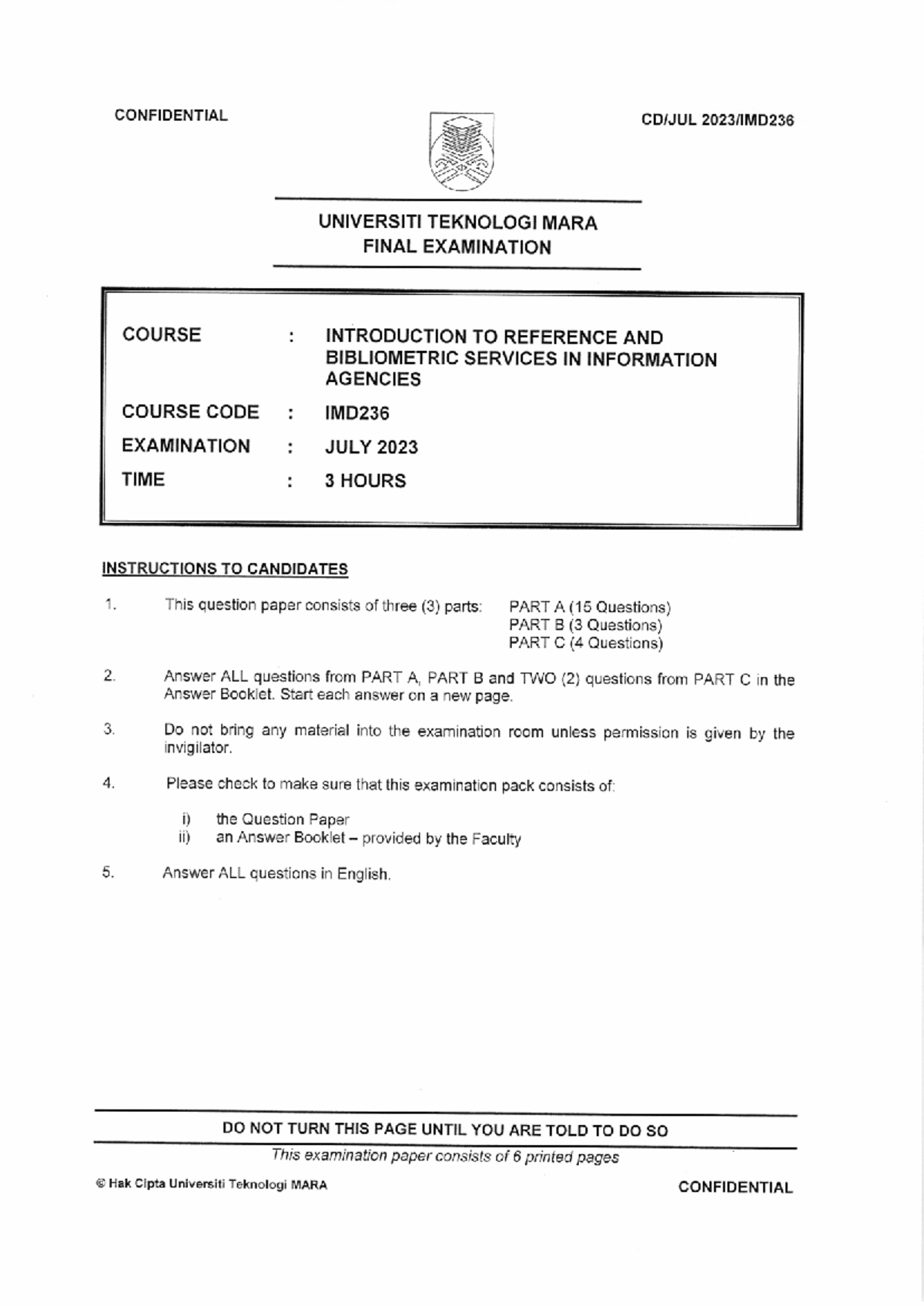 IMD236 FINAL EXAMINATION - INTRODUCTION TO REFERENCE & BIBLIOMETRIC SERVICES - Studocu
