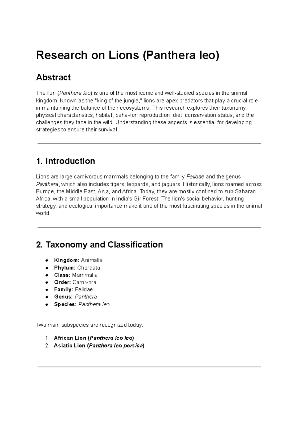 Research on Lions (Panthera leo): Ecology, Behavior, and Conservation ...