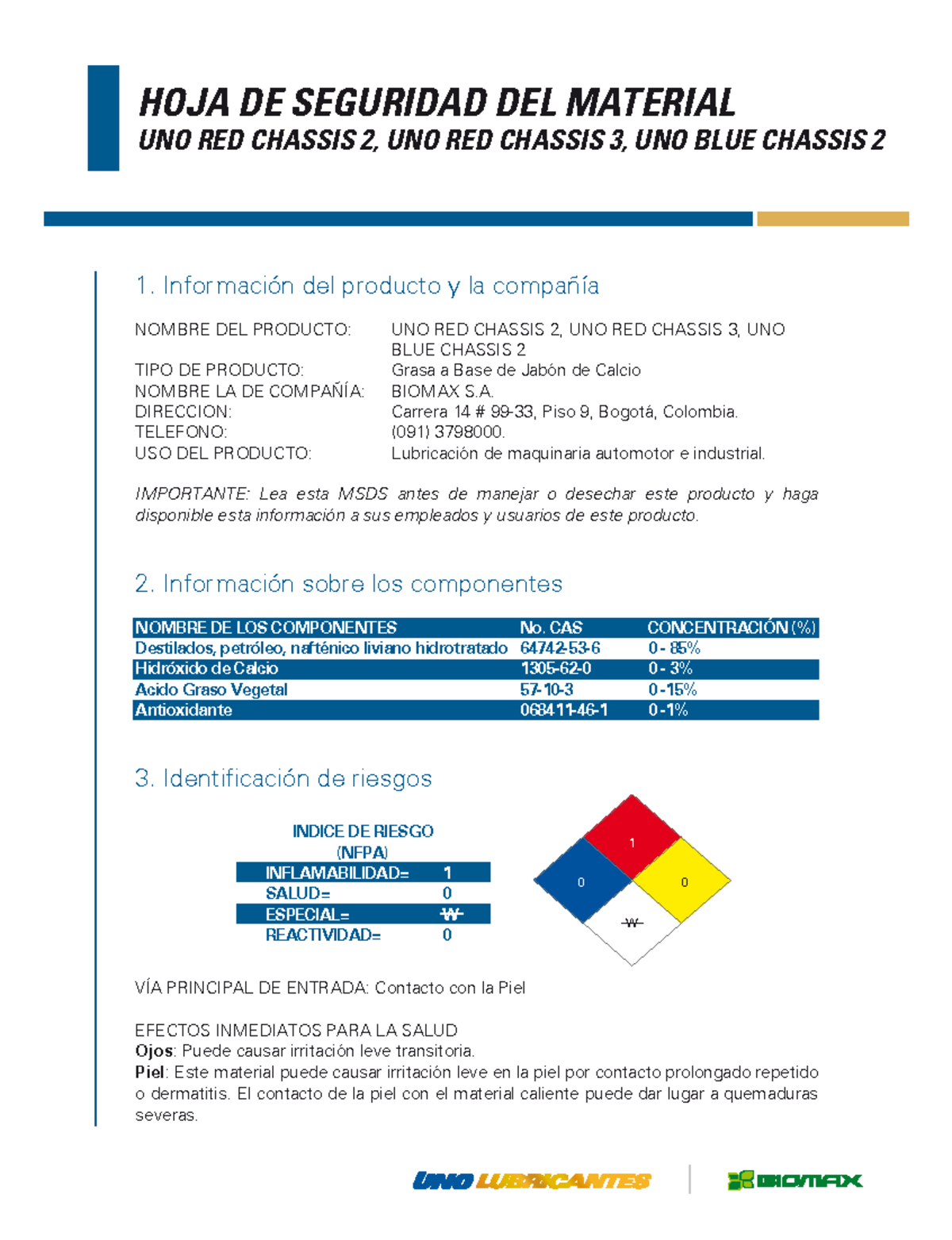 Información MSDS de UNO RED CHASSIS 2, RED CHASSIS 3 y BLUE CHASSIS 2 ...