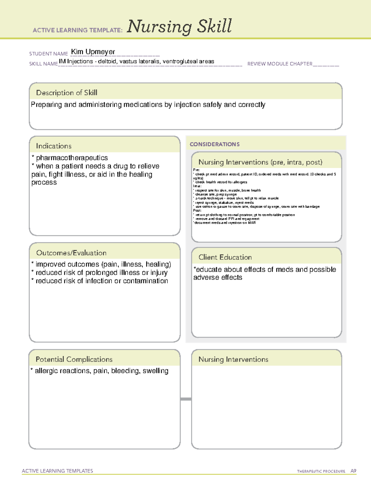 Nursing Skill: IM Injection Active Learning Template for Therapeutic Procedures - Studocu
