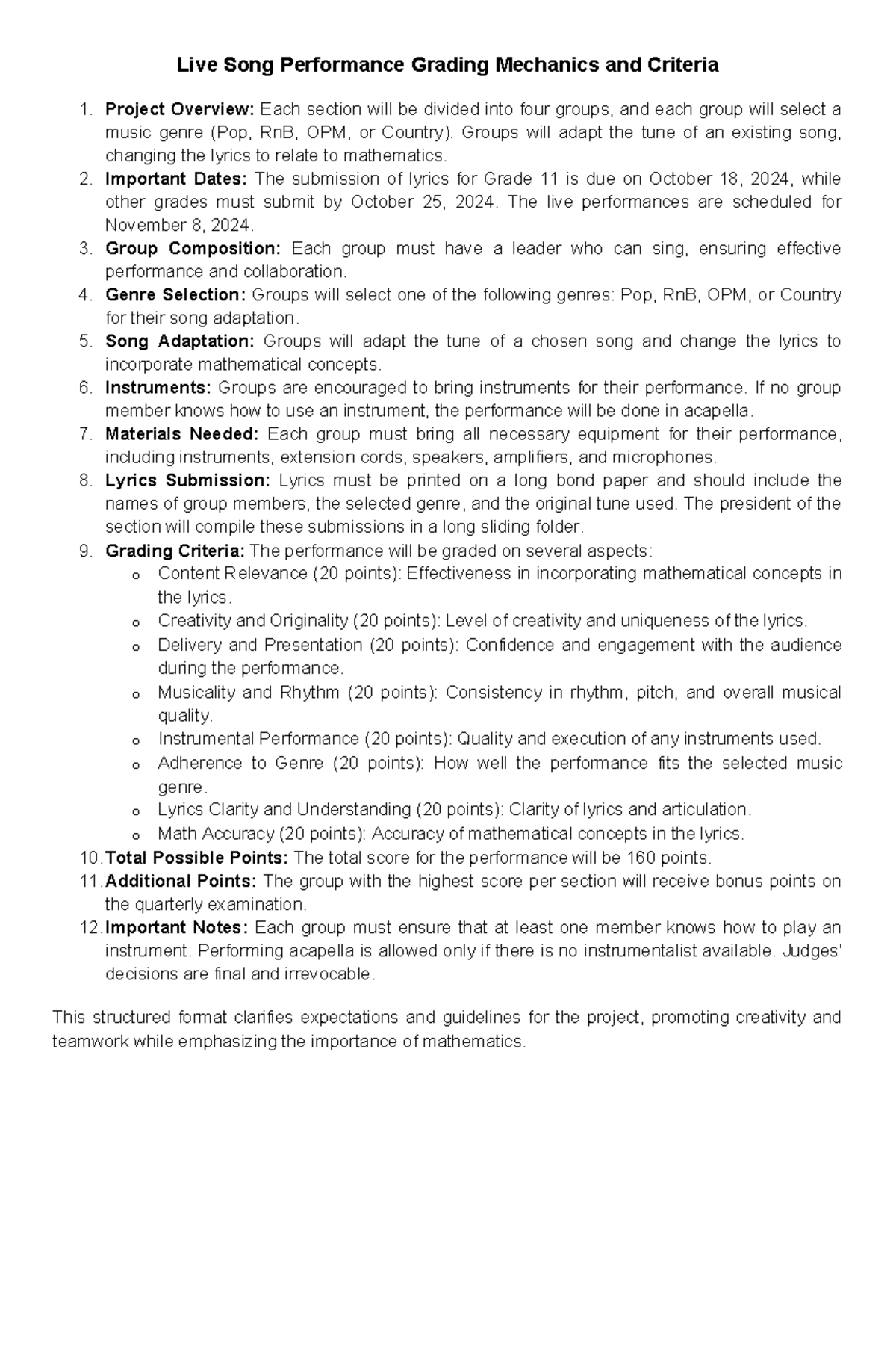 Live Song Performance Criteria - Live Song Performance Grading ...