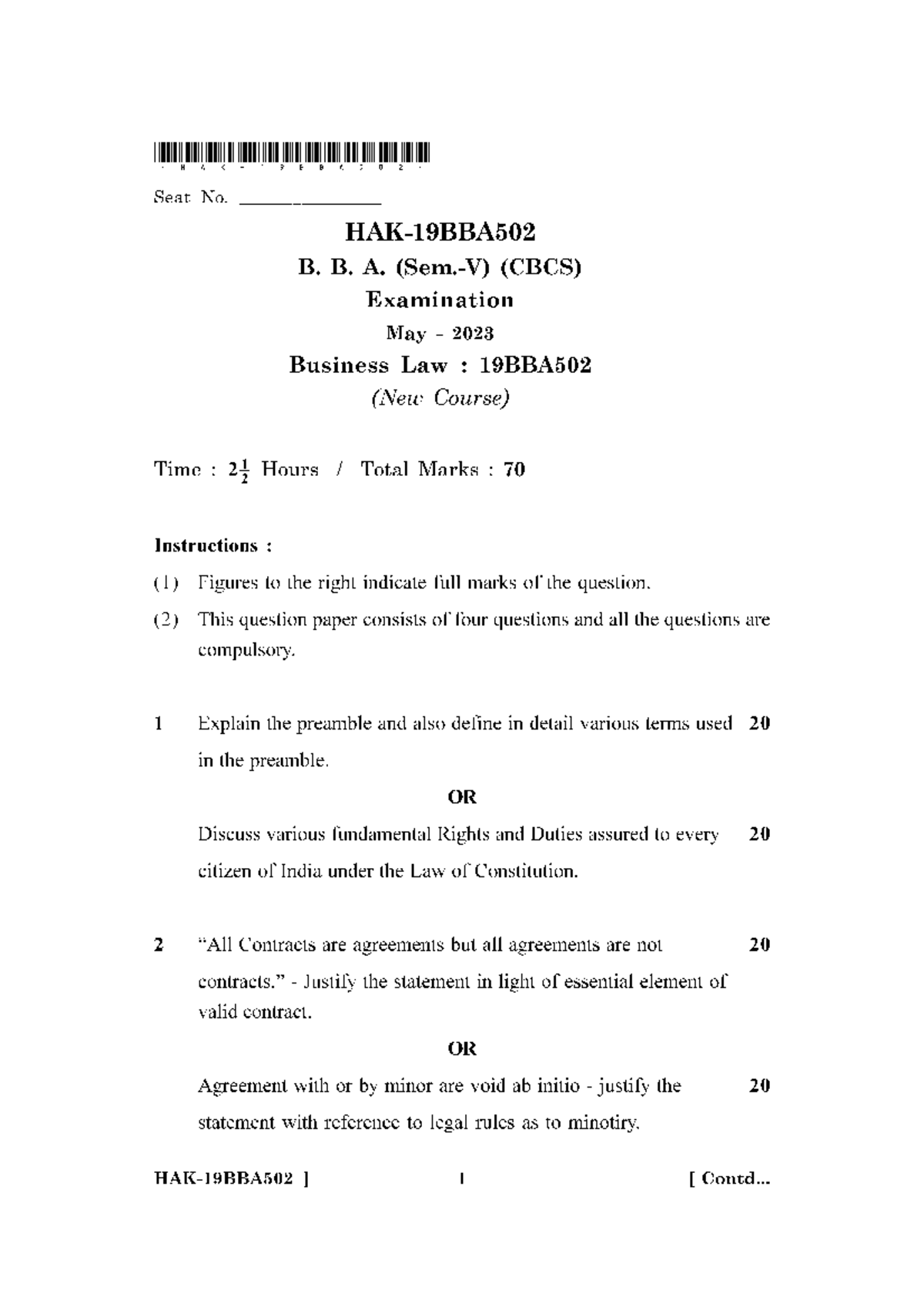 BBA SEM-5 (2019) Supplementary Exam May-2023: Business Law Review - Studocu