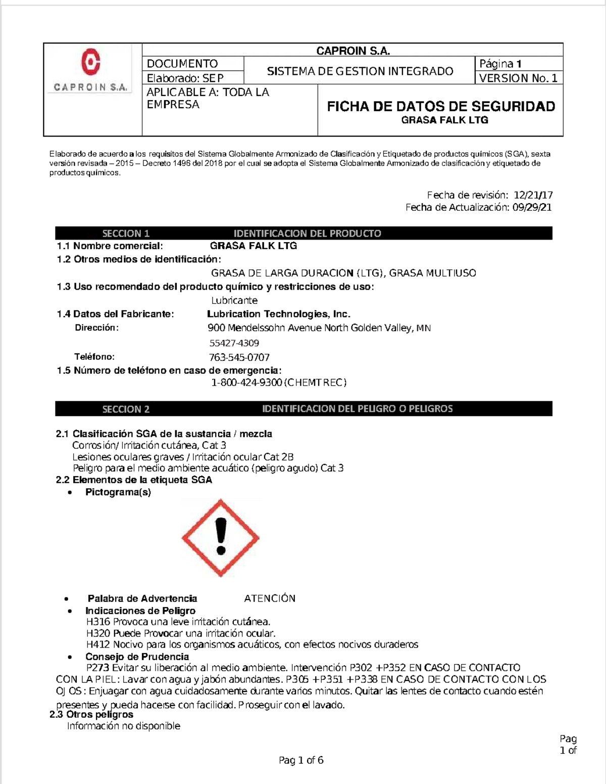 FICHA DE DATOS DE SEGURIDAD GRASA FALK LTG - CAPROIN S.A. - Studocu