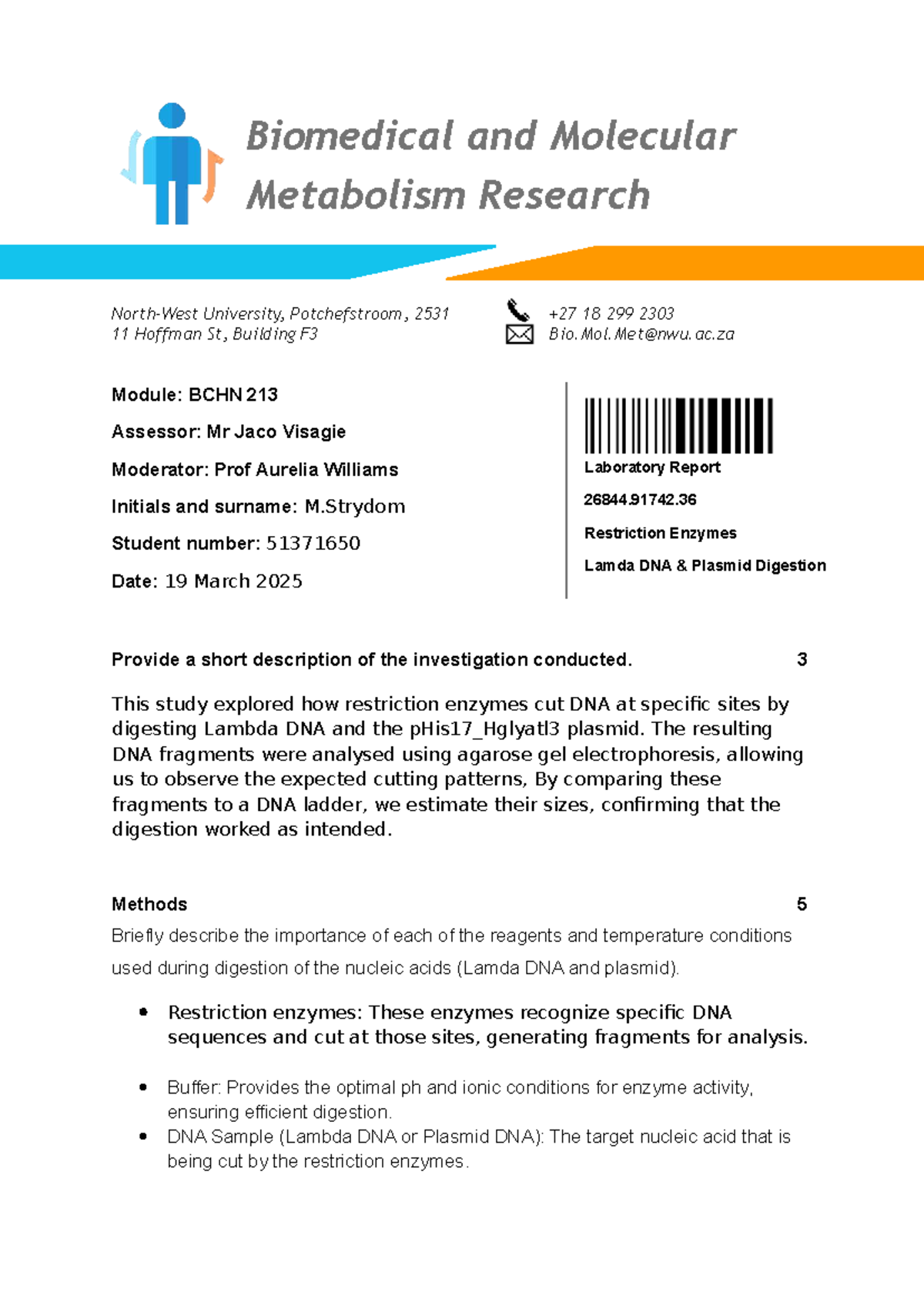 BCHN 213 - Restriction Enzyme Digest Study: Practical Report Template ...