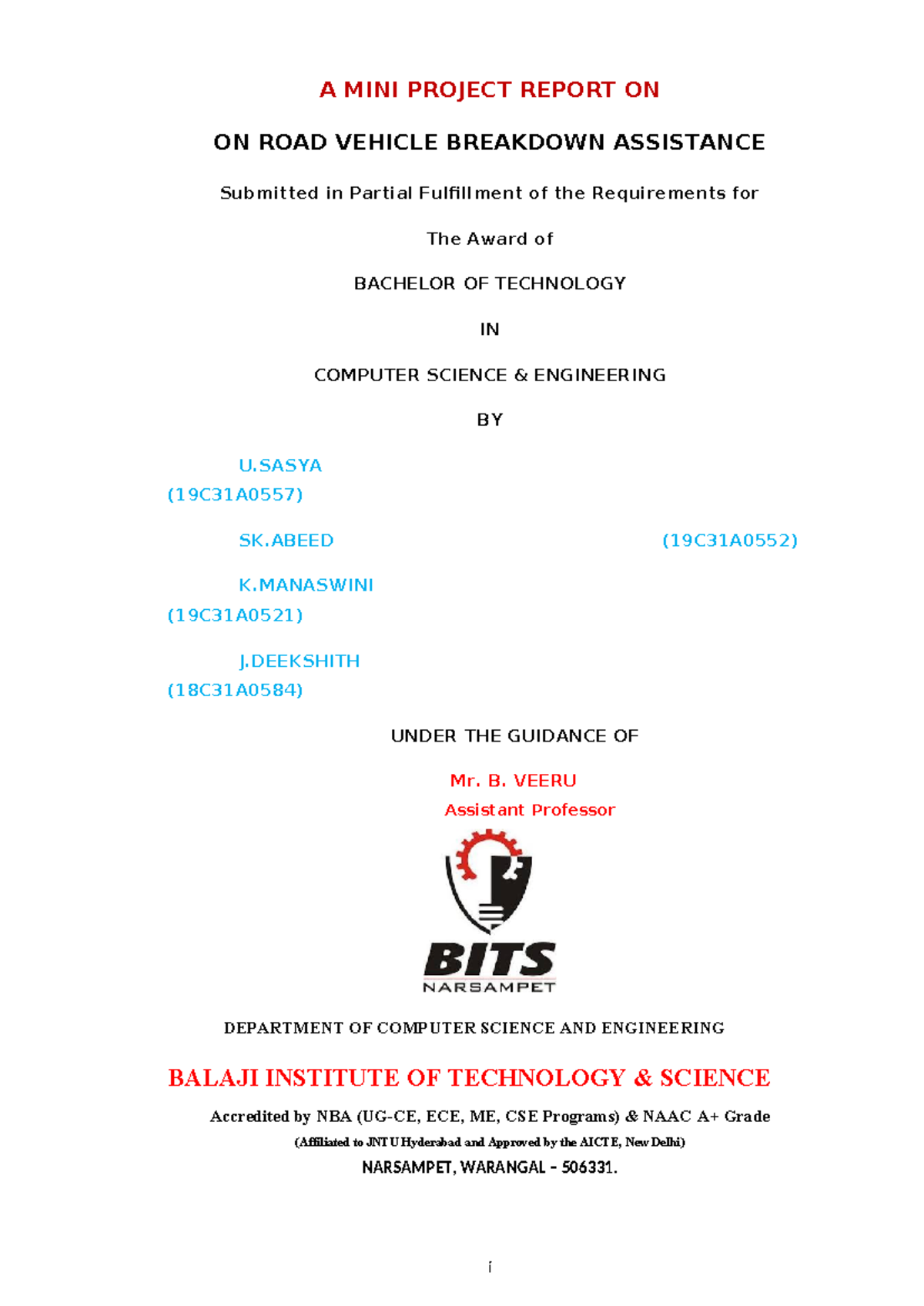 On Road Vehicle Breakdown Assistance Project Report - B.Tech CSE - Studocu