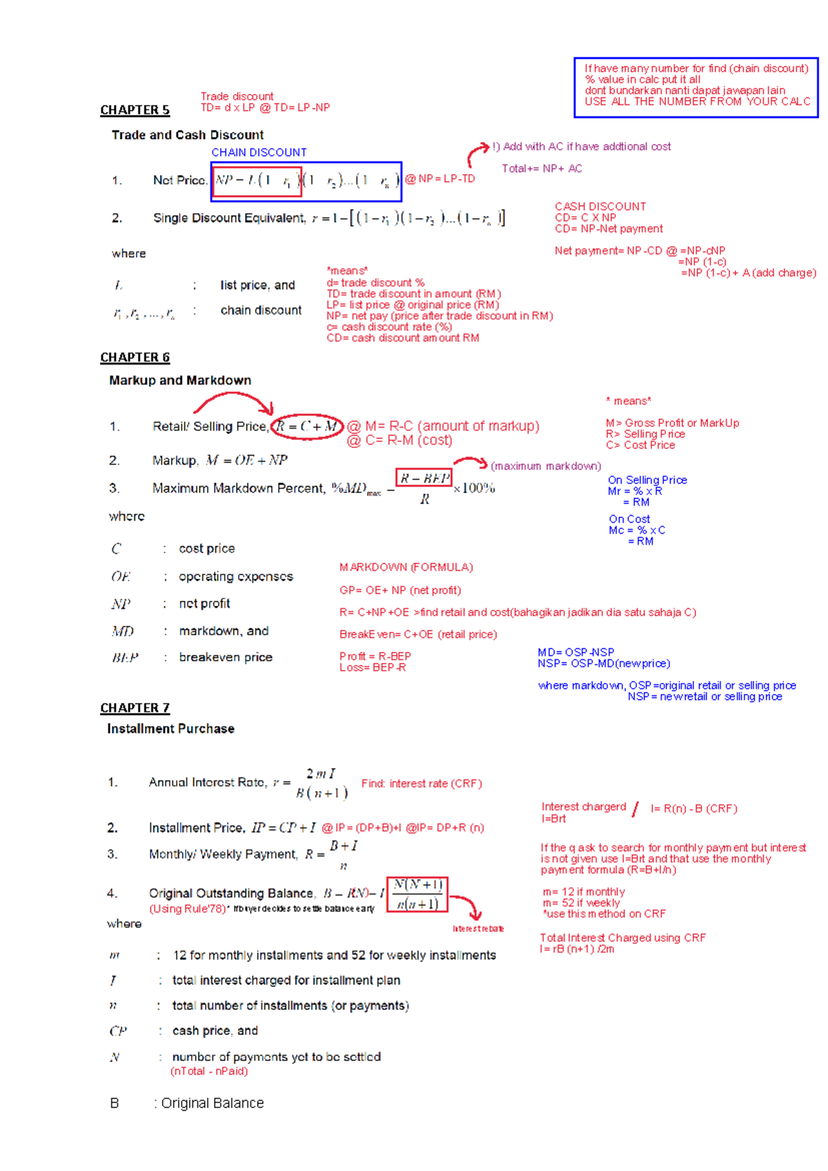 Formula FOR TEST Chapter 5-7 - CHAPTER 5 CHAPTER 6 CHAPTER 7 @ IP= (DP ...