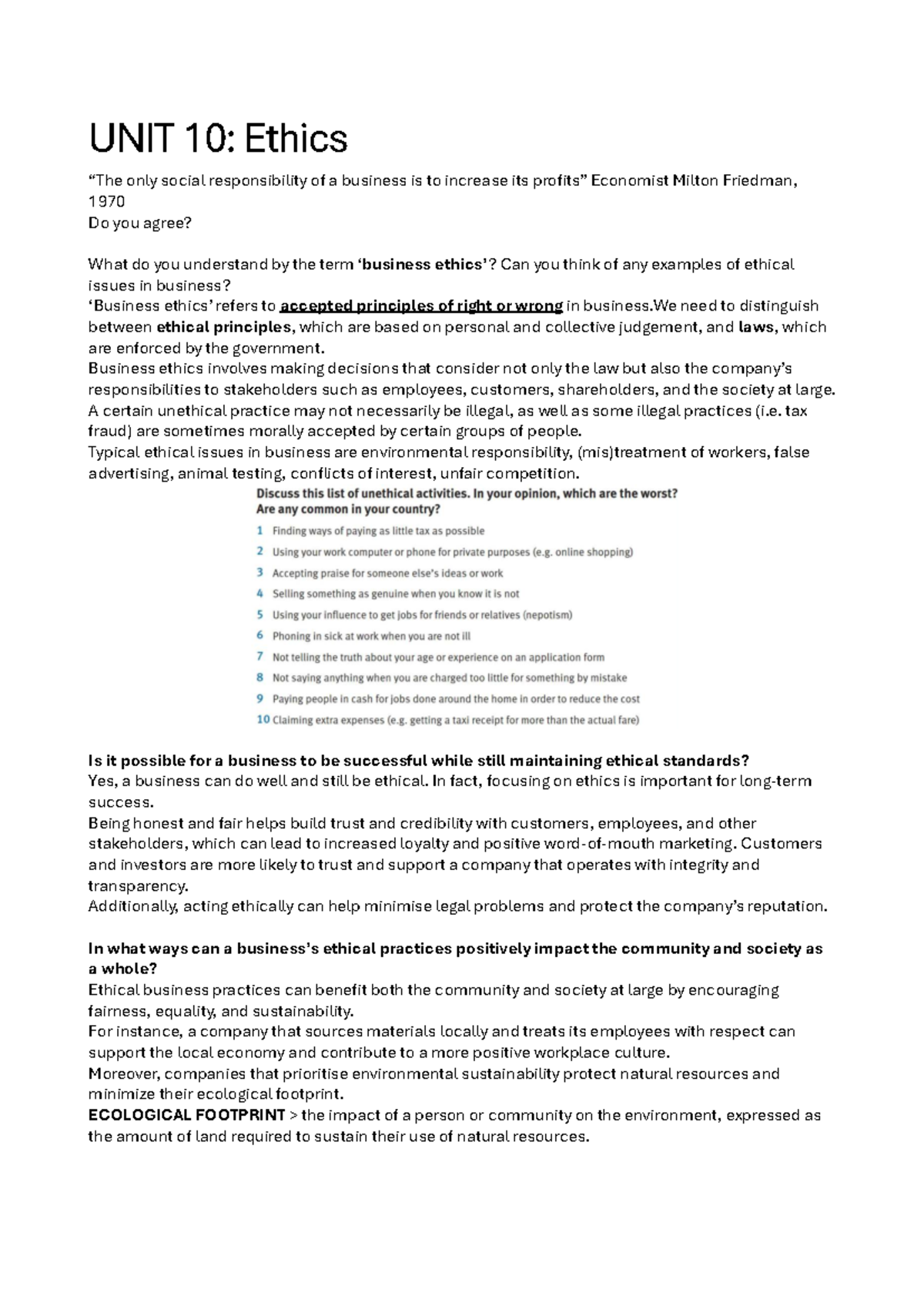 UNIT 10: Business Ethics and Social Responsibility Analysis - Studocu