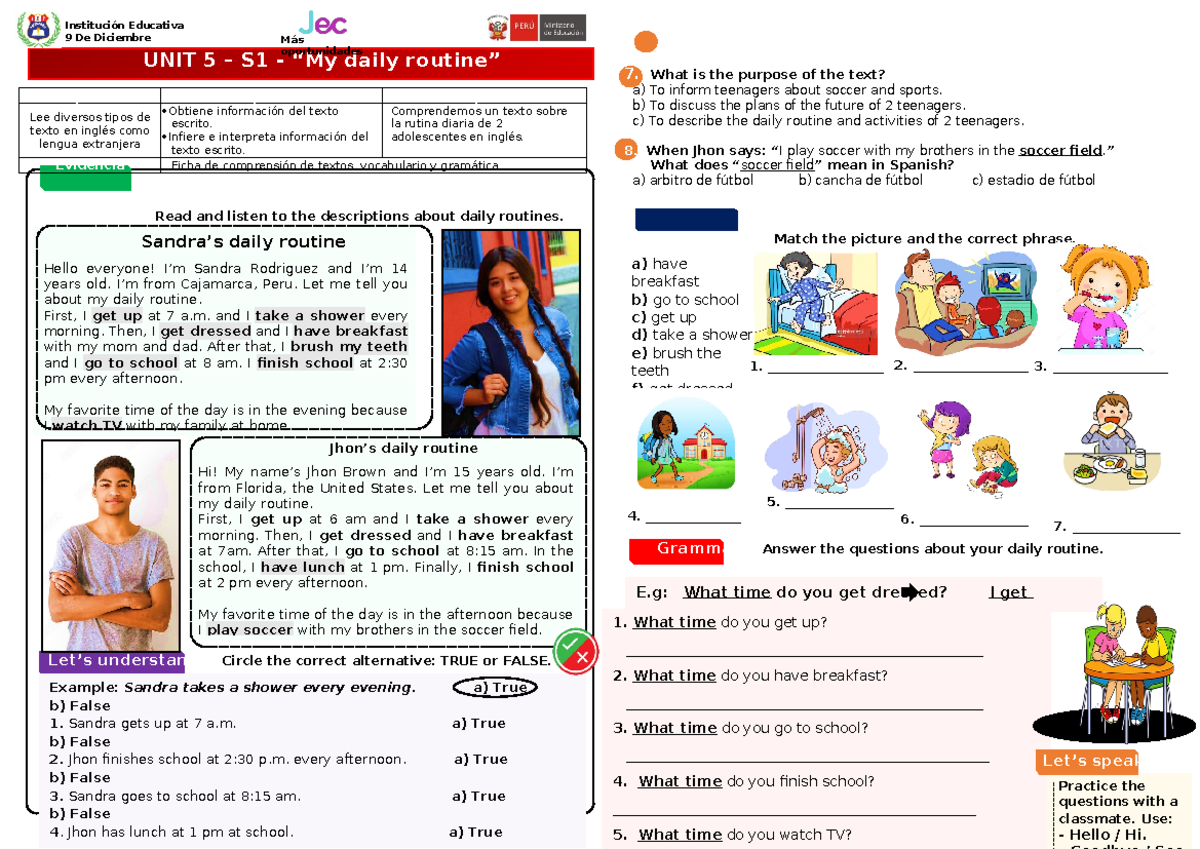 UNIT 5 - 2º Grade-1 Reading - UNIT 5 – S1 - “My daily routine” Let’s ...