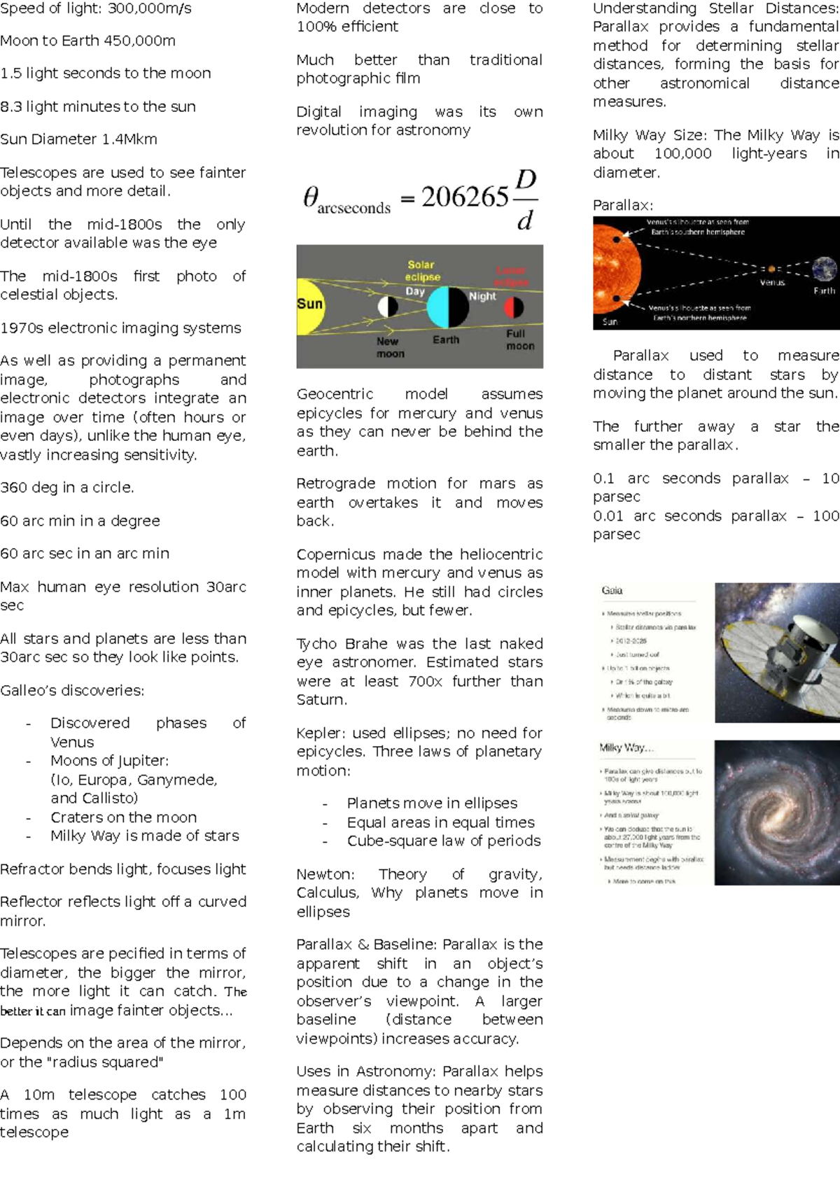 Astronomy 101: Test 1 Cheat Sheet on Light, Telescopes, and Parallax ...